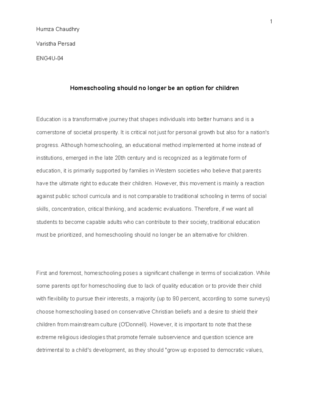 ENG4U U3L4 Persuasive Essay: The Case Against Homeschooling - Studocu