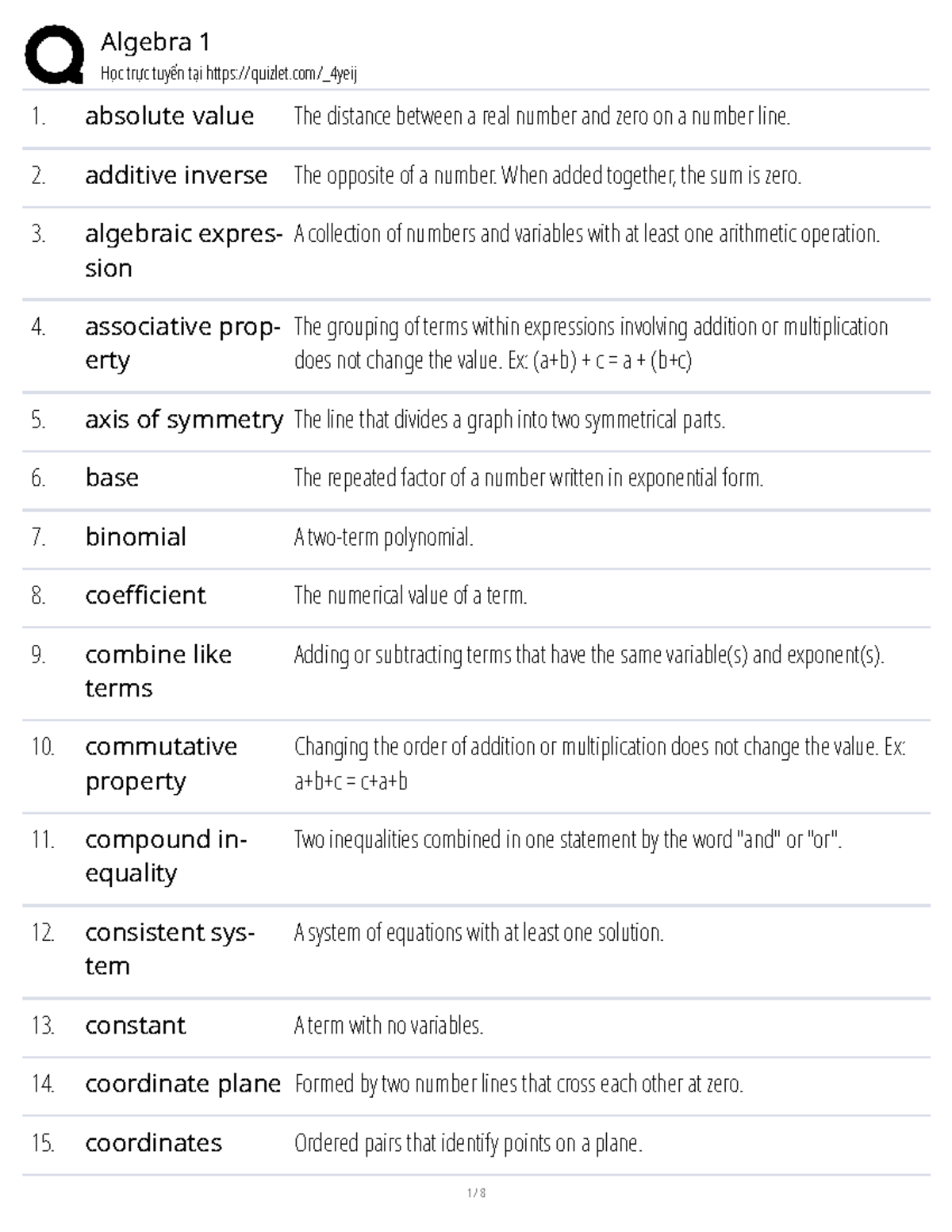 Algebra 1 - Key Terms and Definitions for Quizlet Cards - Studocu