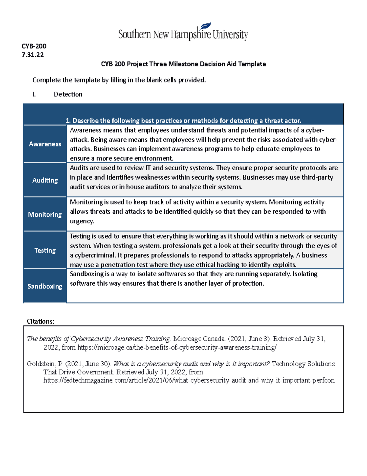 CYB 200 Module 5 Milestone Decision Aid and Response Strategies - Studocu