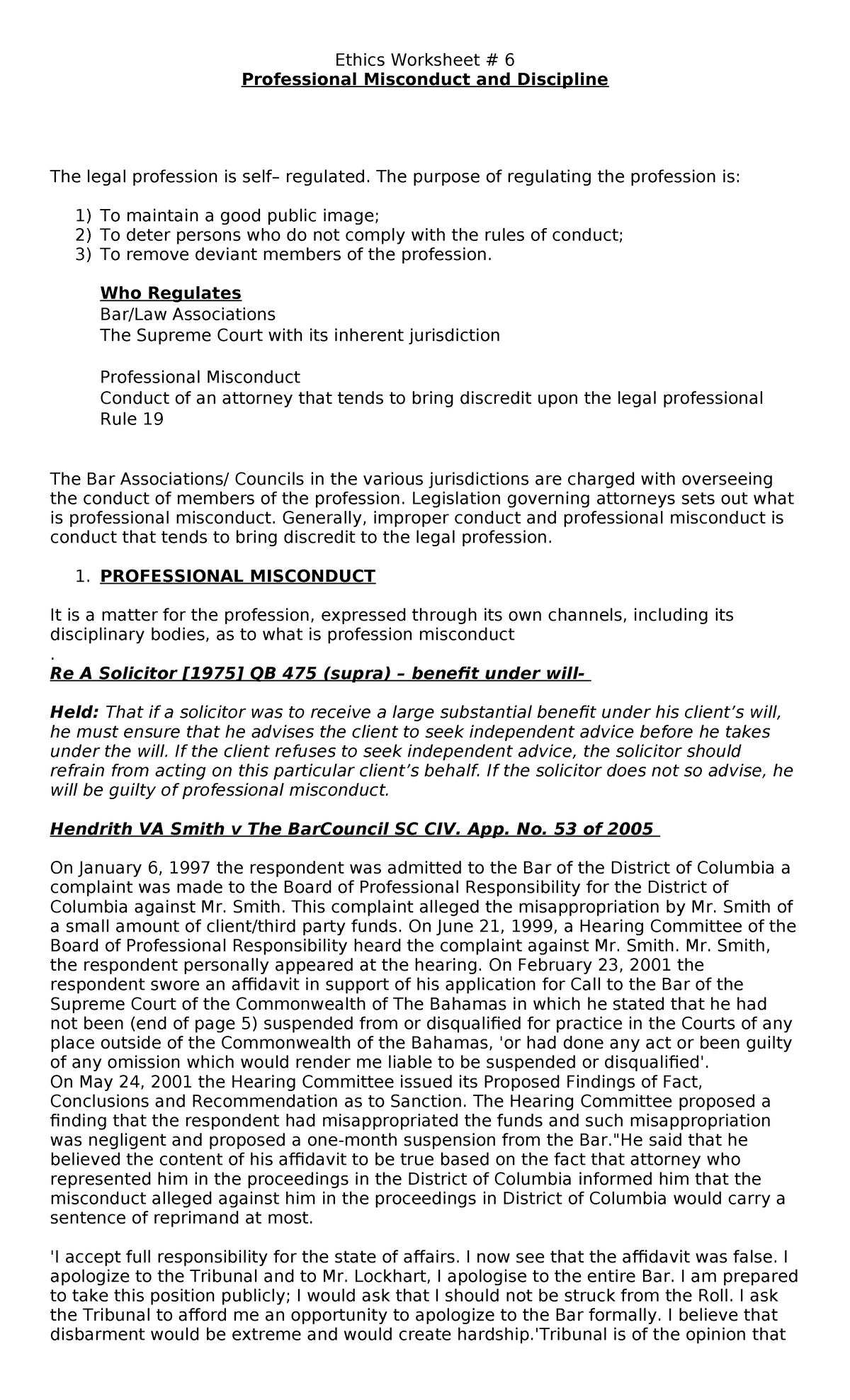 Ethics Worksheet 6: Prof Misconduct & Discipline in Law Practice - Studocu