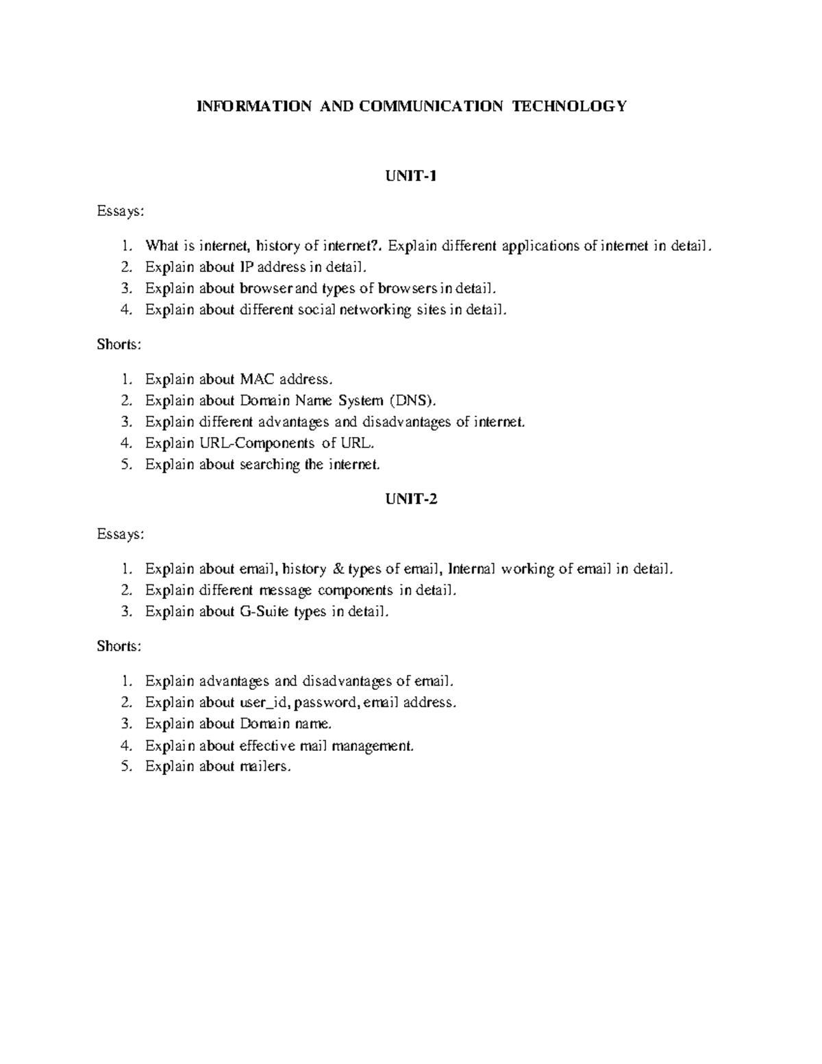 ICT MID-1 IMP - ict mid1 imp qs - INFORMATION AND COMMUNICATION TECHNOLOGY UNIT- Essays: What is ...