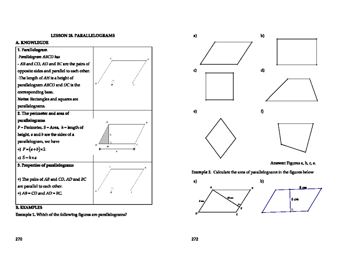 LESSON 18: PARALLELOGRAMS - Properties, Area, and Examples - Studocu