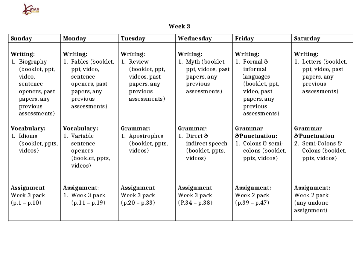 Study Plan Week 3: Writing, Vocabulary & Grammar Worksheets - Studocu