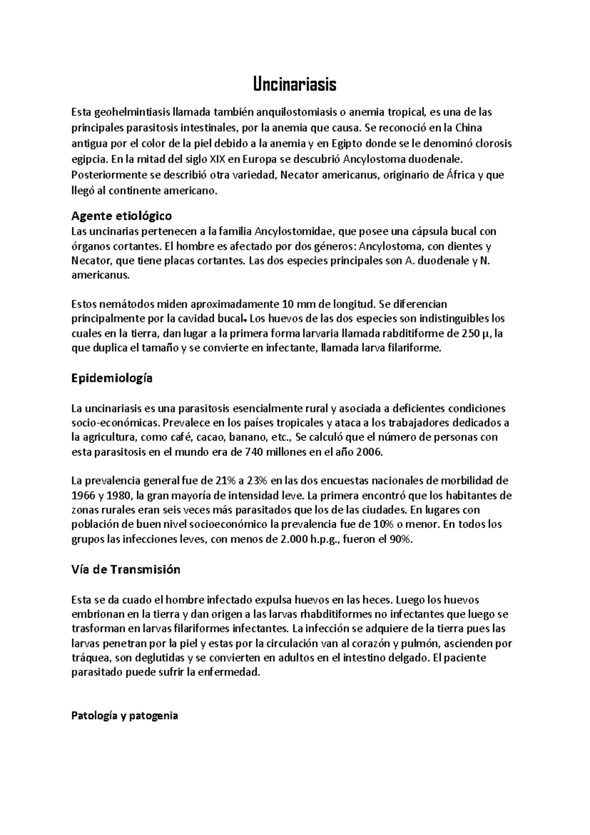 Uncinariasis: Epidemiología, Patología y Tratamiento (BIOL 101) - Studocu