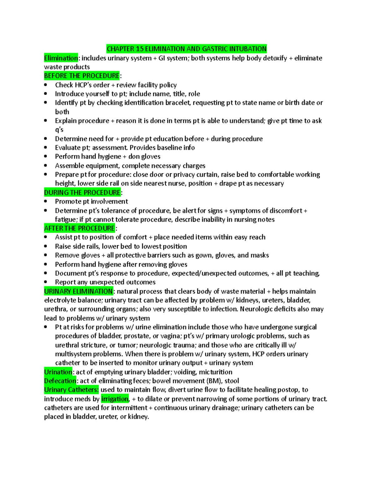 Chapter 15: Elimination & Gastric Intubation Overview and Procedures ...