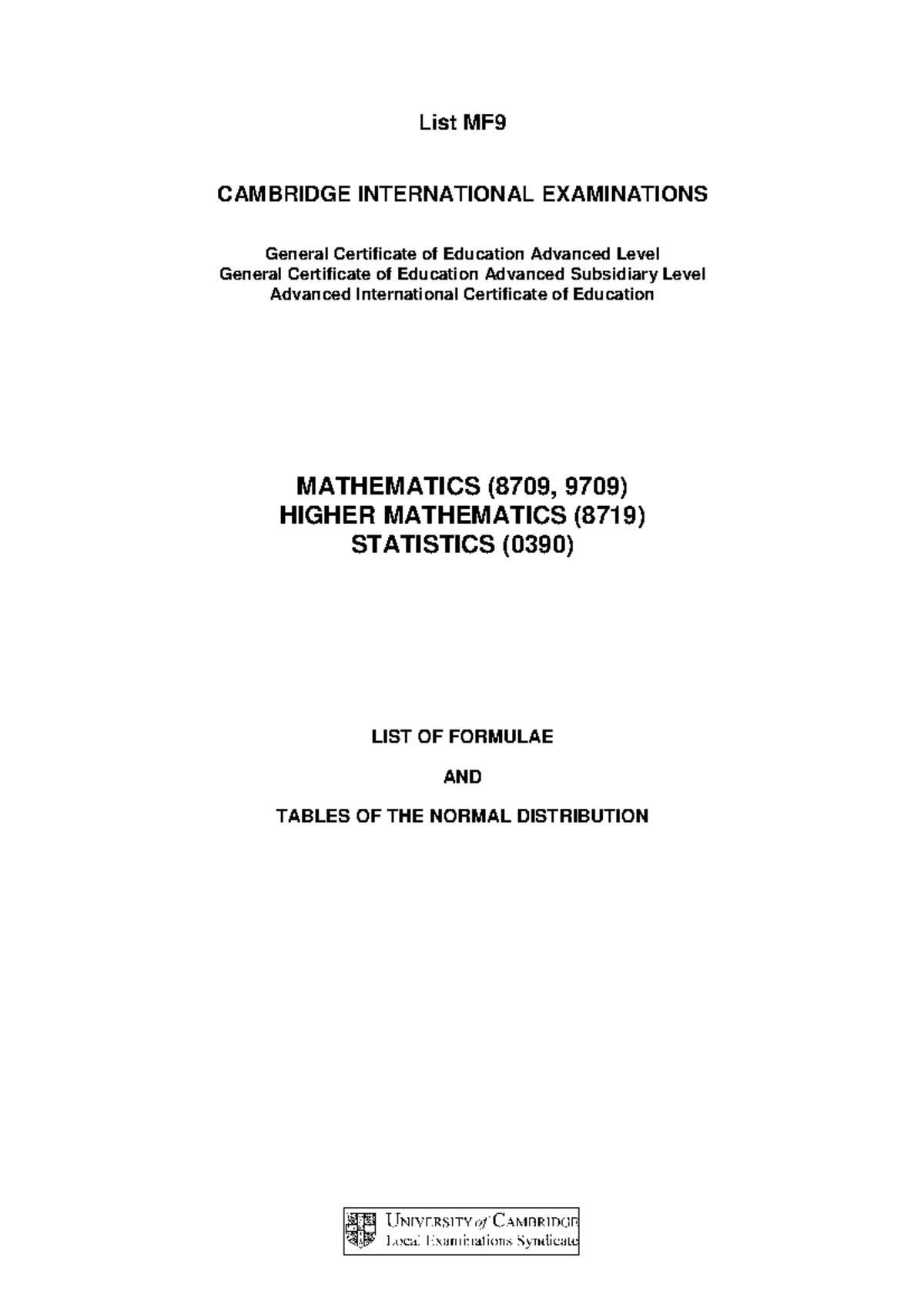 List of Formulae and Statistical Tables for A Level Math (9709, 8719 ...