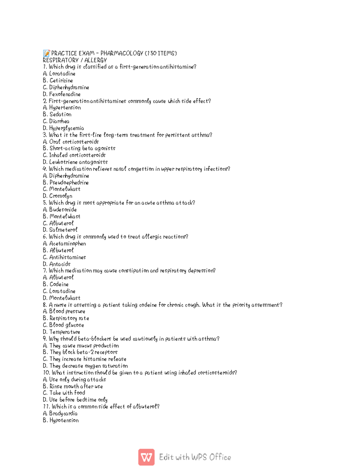 Pharma Practice Review: Pharmacology Practice Exam (150 Items) - Studocu