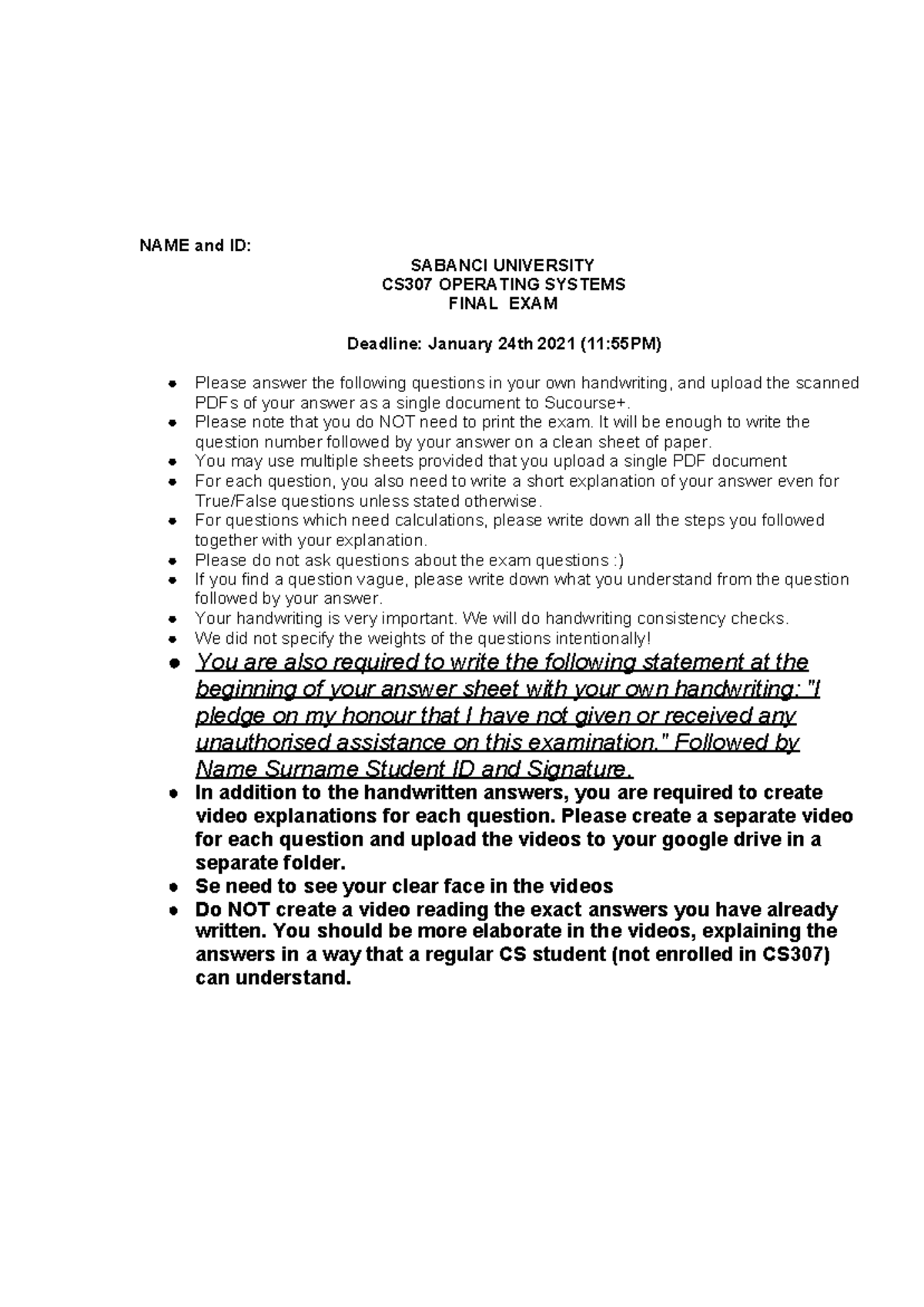 CS307 Final Exam 2020: Operating Systems Questions and Guidelines - Studocu