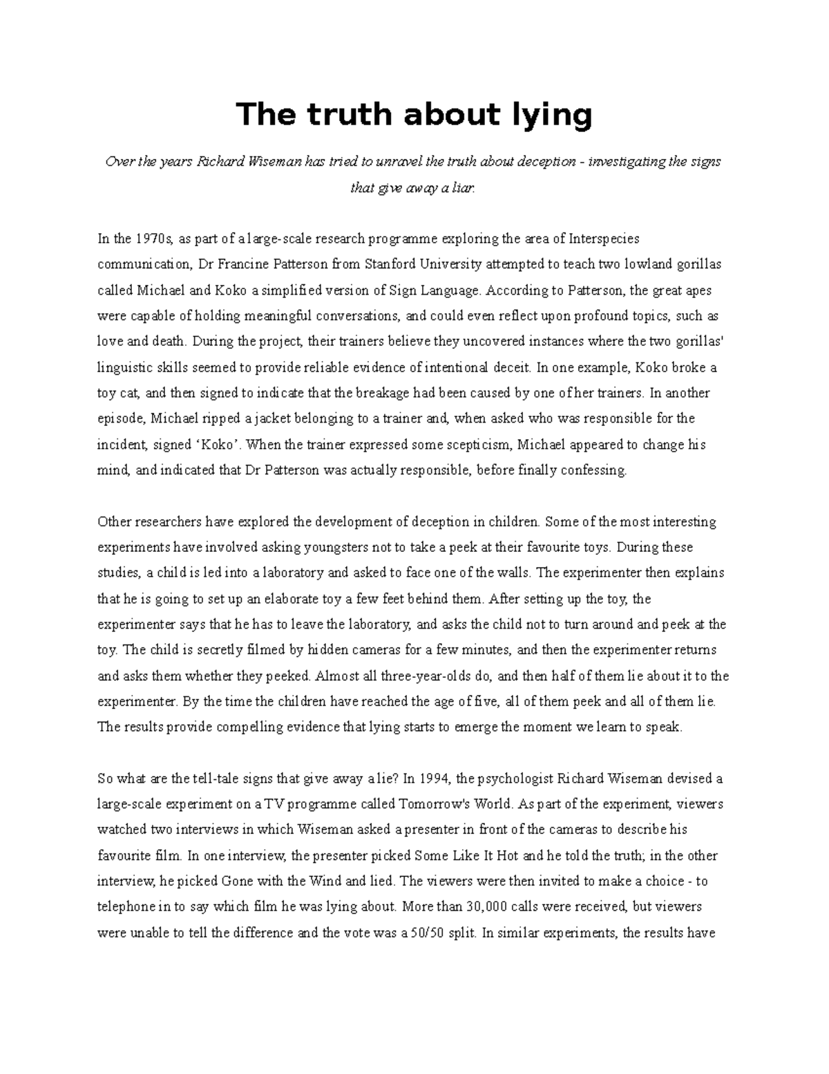 The Truth About Lying: Insights from Psychology and Research - Studocu