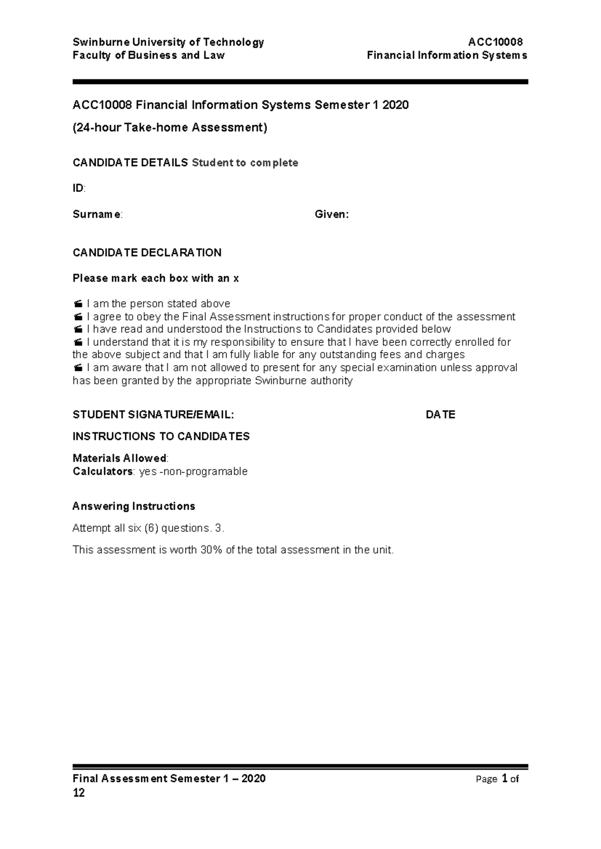 ACC10008 Final Assessment Template with Candidate Details and ...