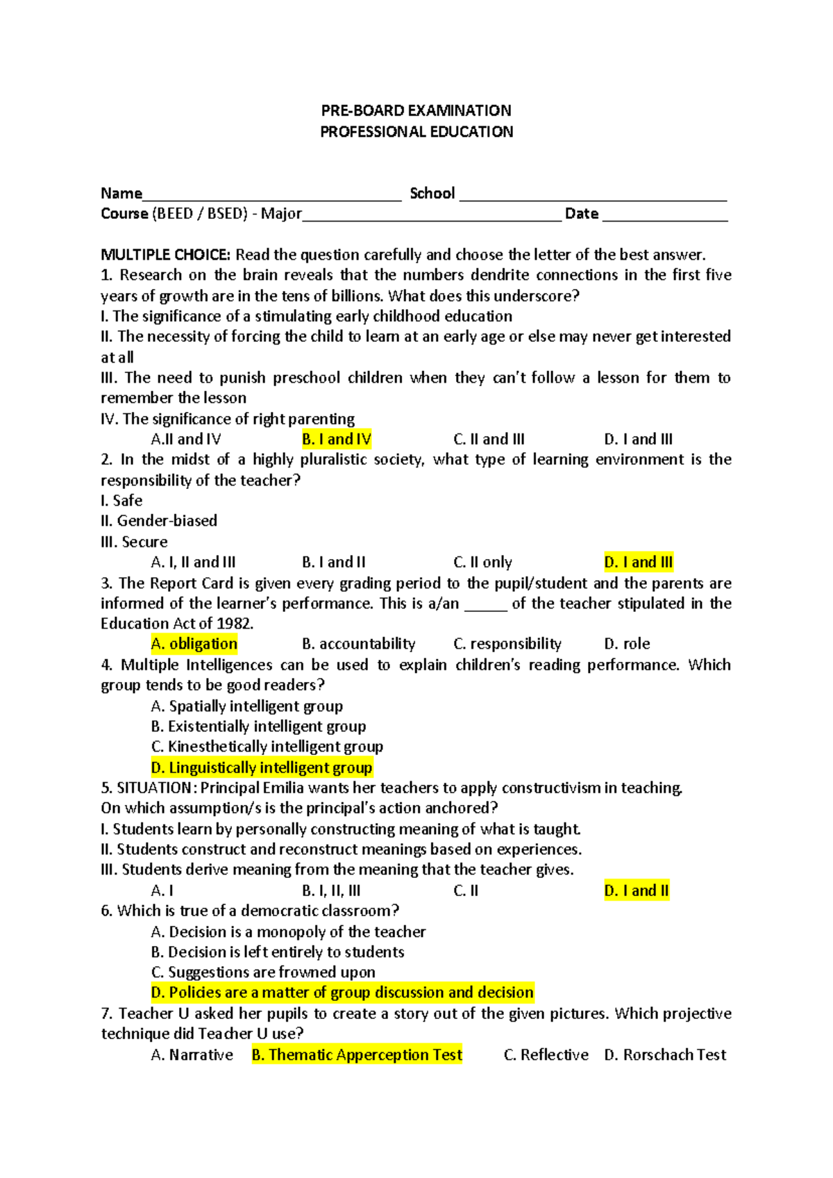 PROF ED (Pre-Board Exam) Study Guide and Multiple Choice Questions ...