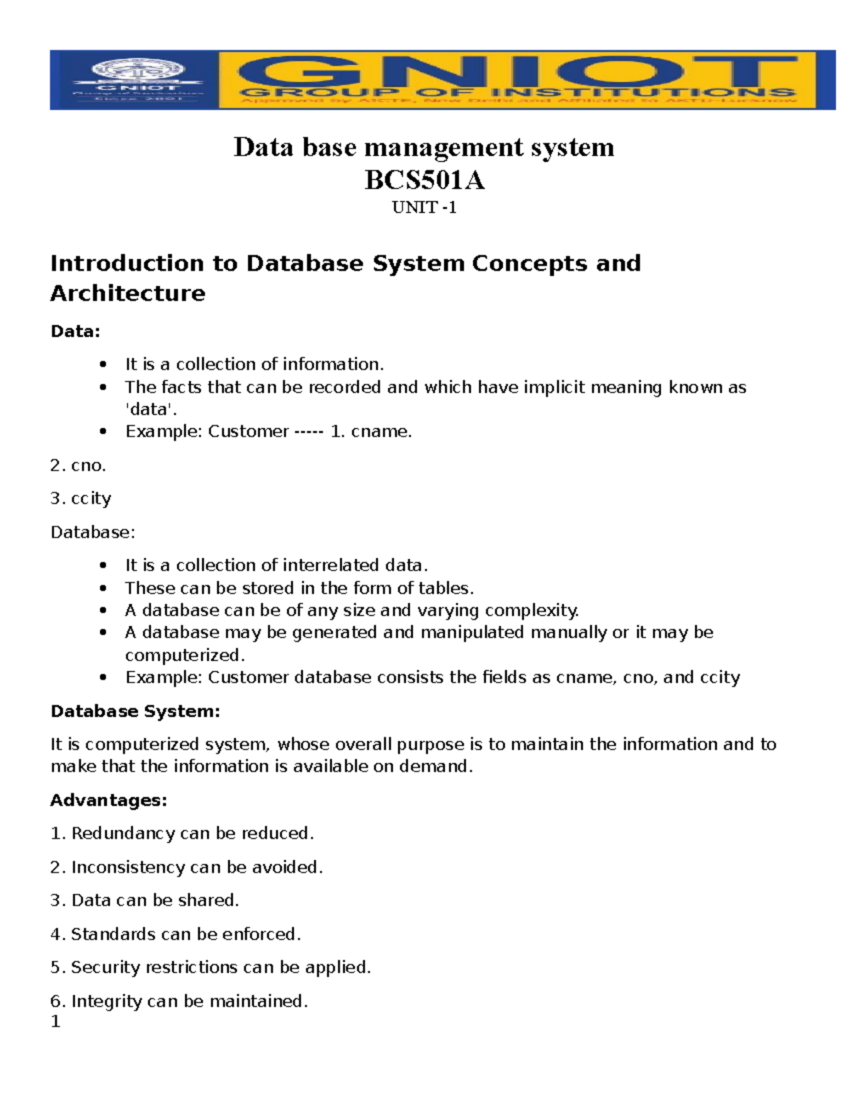BCS501A UNIT: Introduction to Database System Concepts and Architecture - Studocu