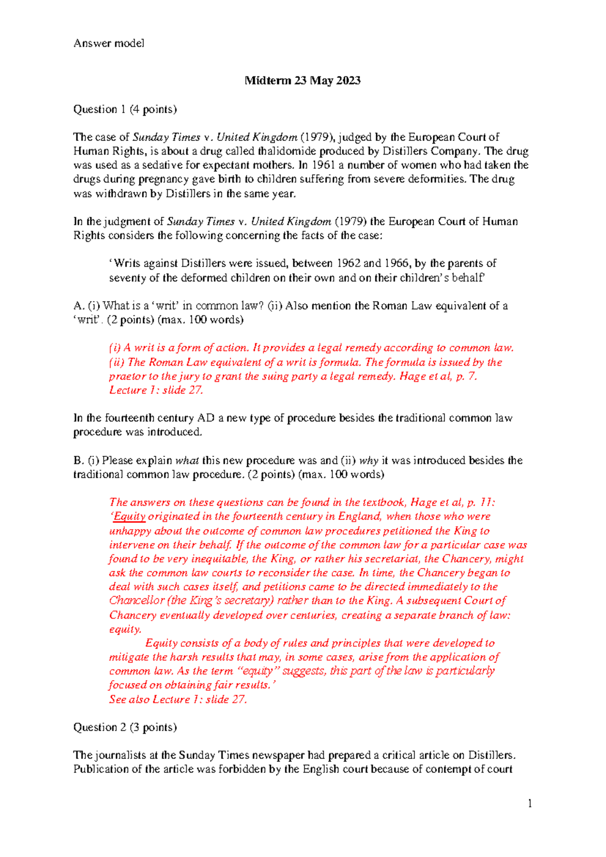 Midterm Exam Notes for LAW 101: Sunday Times v. UK Analysis - Studeersnel