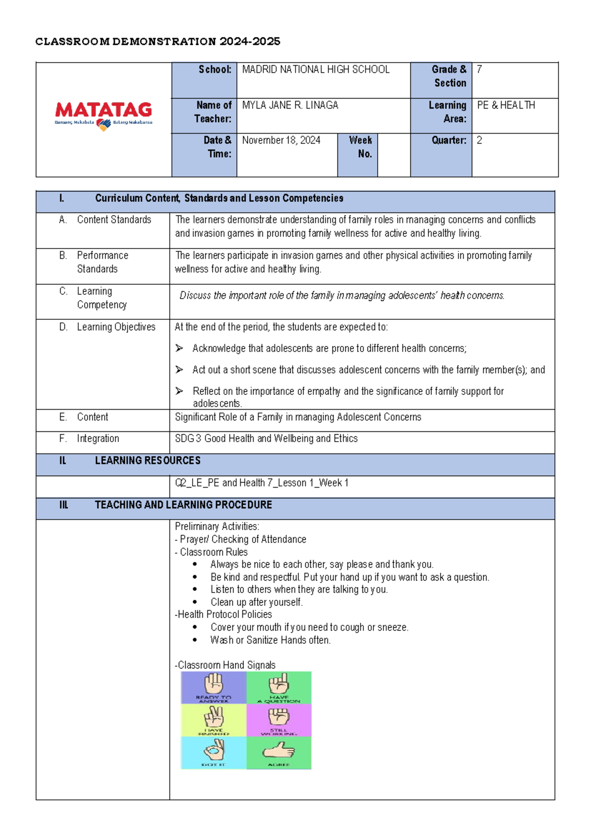 Q2 PE & Health 7: Family Roles in Adolescent Wellness Lesson Plan - Studocu