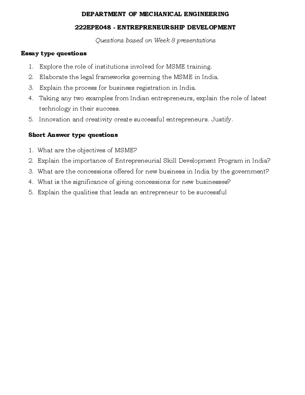 ME 101: Entrepreneurship Development - Week 8 Presentation Questions ...