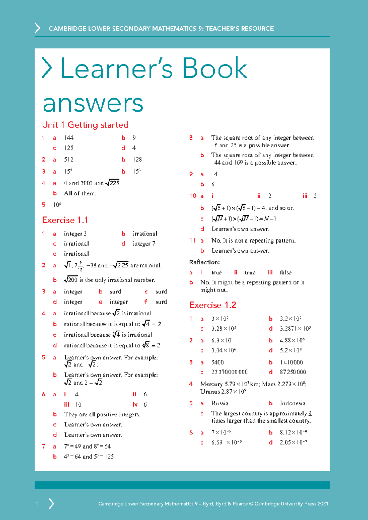 CAMBRIDGE LOWER SECONDARY MATHEMATICS 9: RESOURCE Book Answers Unit 1 ...