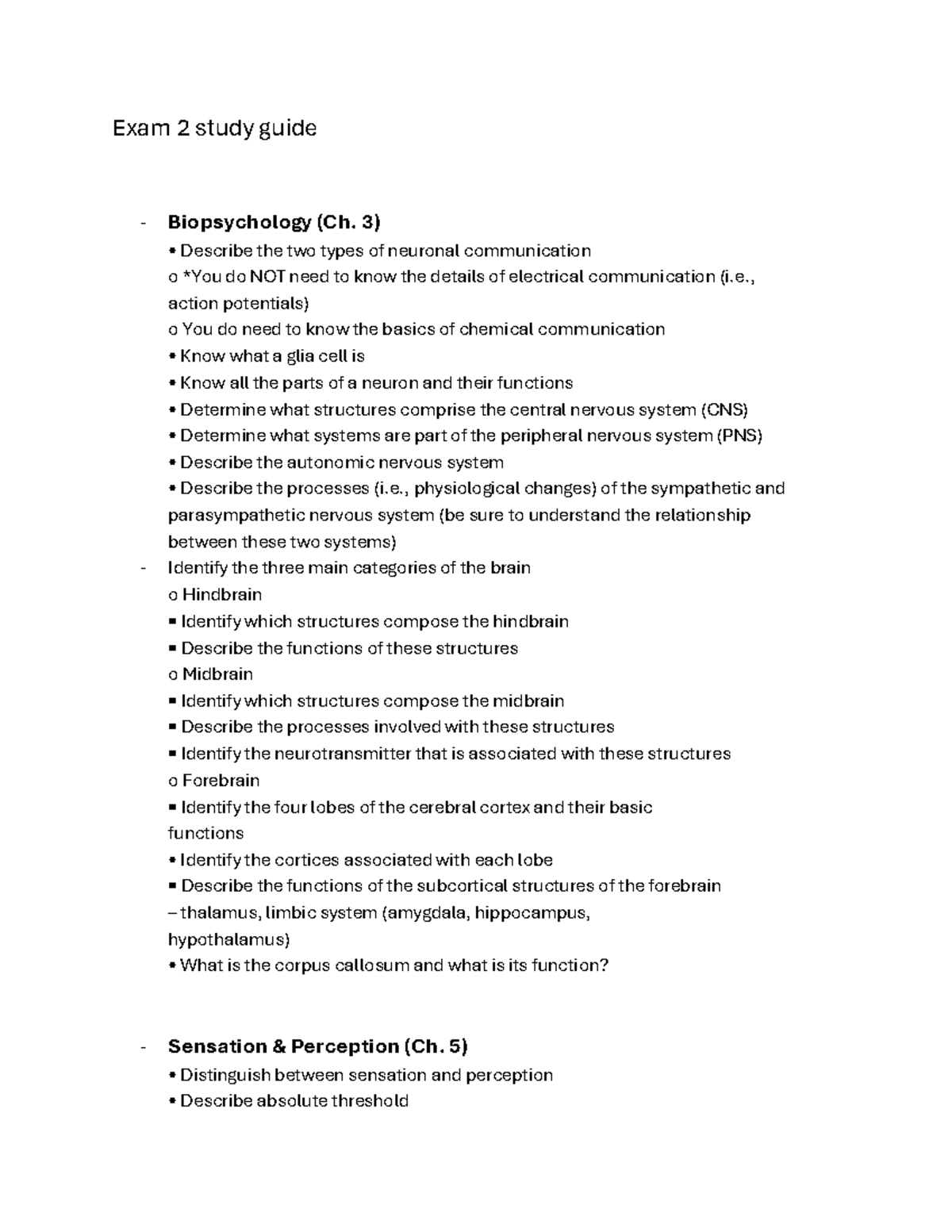 Psychology Exam 2 Study Guide: Biopsychology, Memory, Learning, and ...