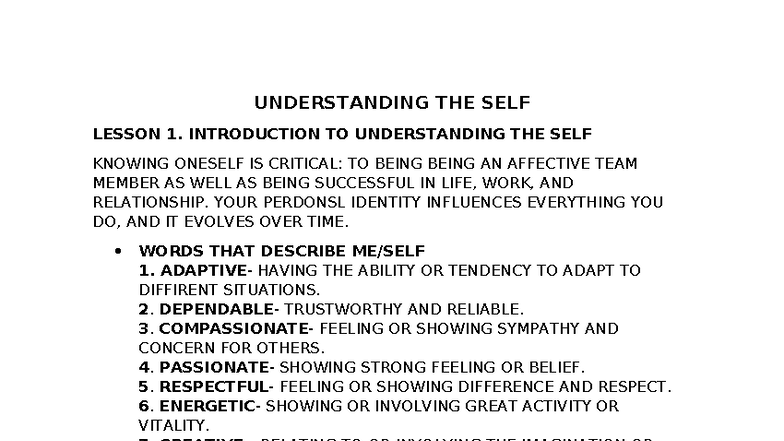 Understanding-THE-SELF - UNDERSTANDING THE SELF LESSON 1. INTRODUCTION ...