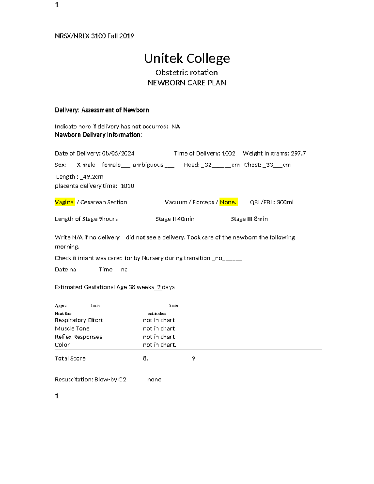 Newborn CARE PLAN Unitek-1 - NRSX/NRLX 3100 Fall 2019 Unitek College ...