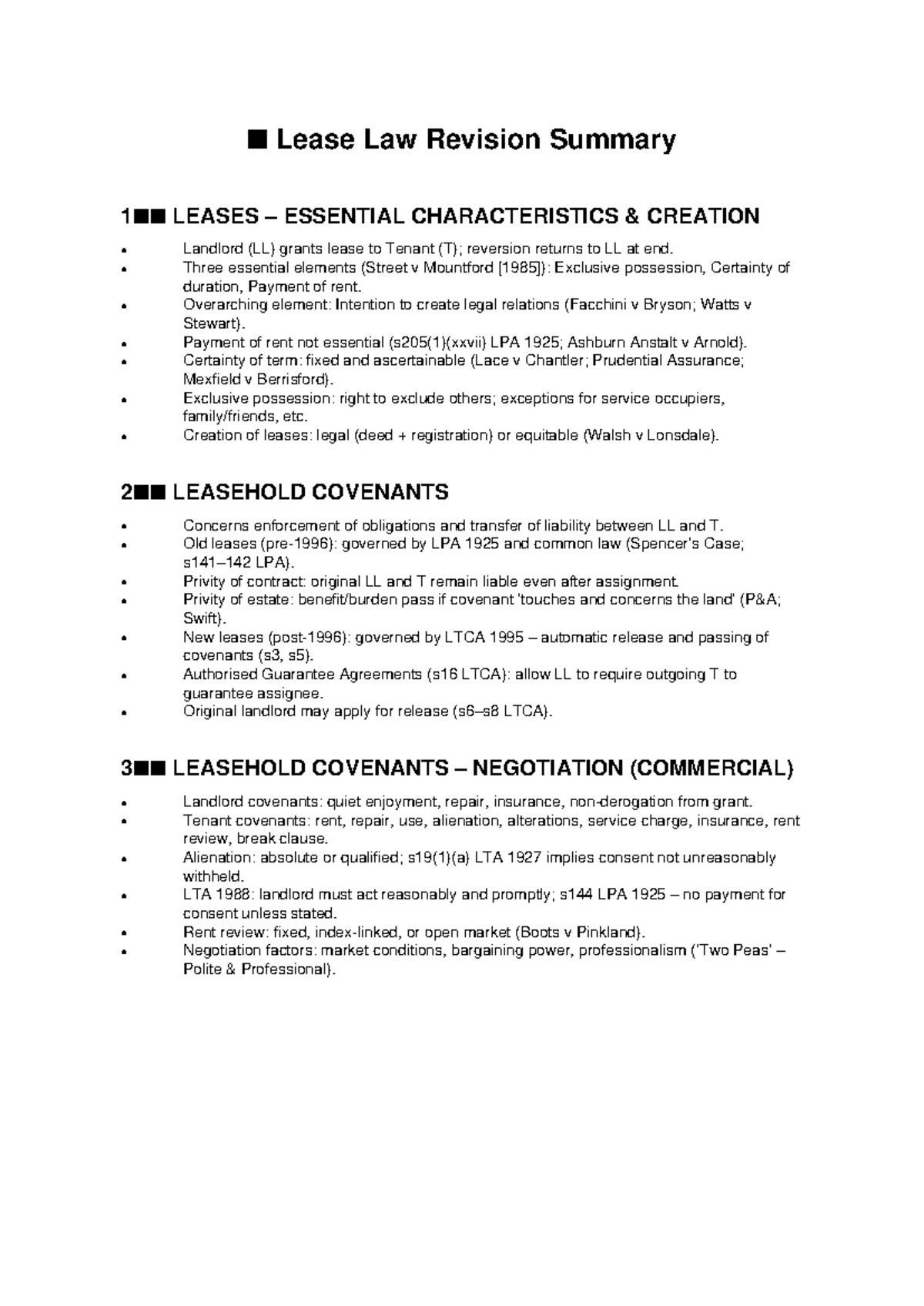 Lease Law Revision Summary: Key Elements & Covenants - Studocu