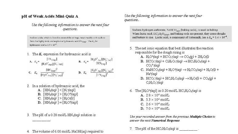 pH of Weak Acids Mini Quiz A (Chem 101) - Studocu