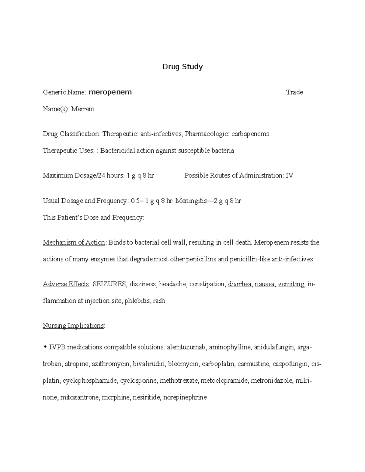 Meropenem Drug Study - Drug Study Generic Name: meropenem Trade Name(s ...