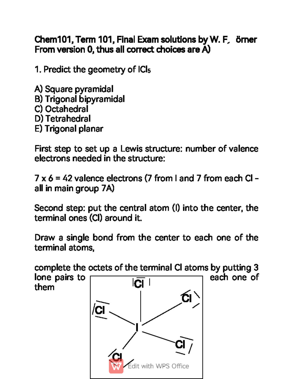 Chem101, Term 101, Final Exam Solutions by W. Örner - Studocu