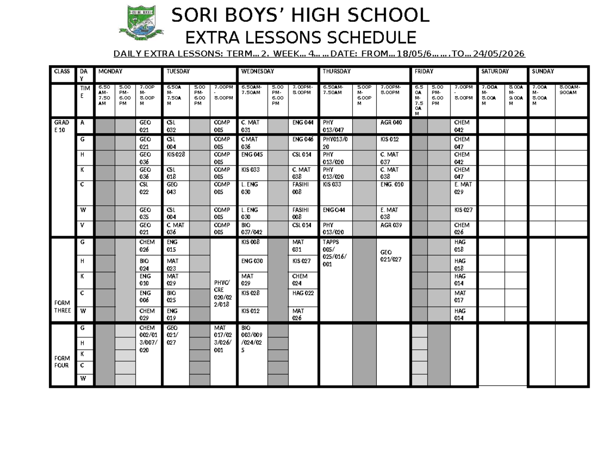 SORI HIGH SCHOOL GRADE 10 EXTRA LESSONS SCHEDULE TERM 2 2026 - Studocu