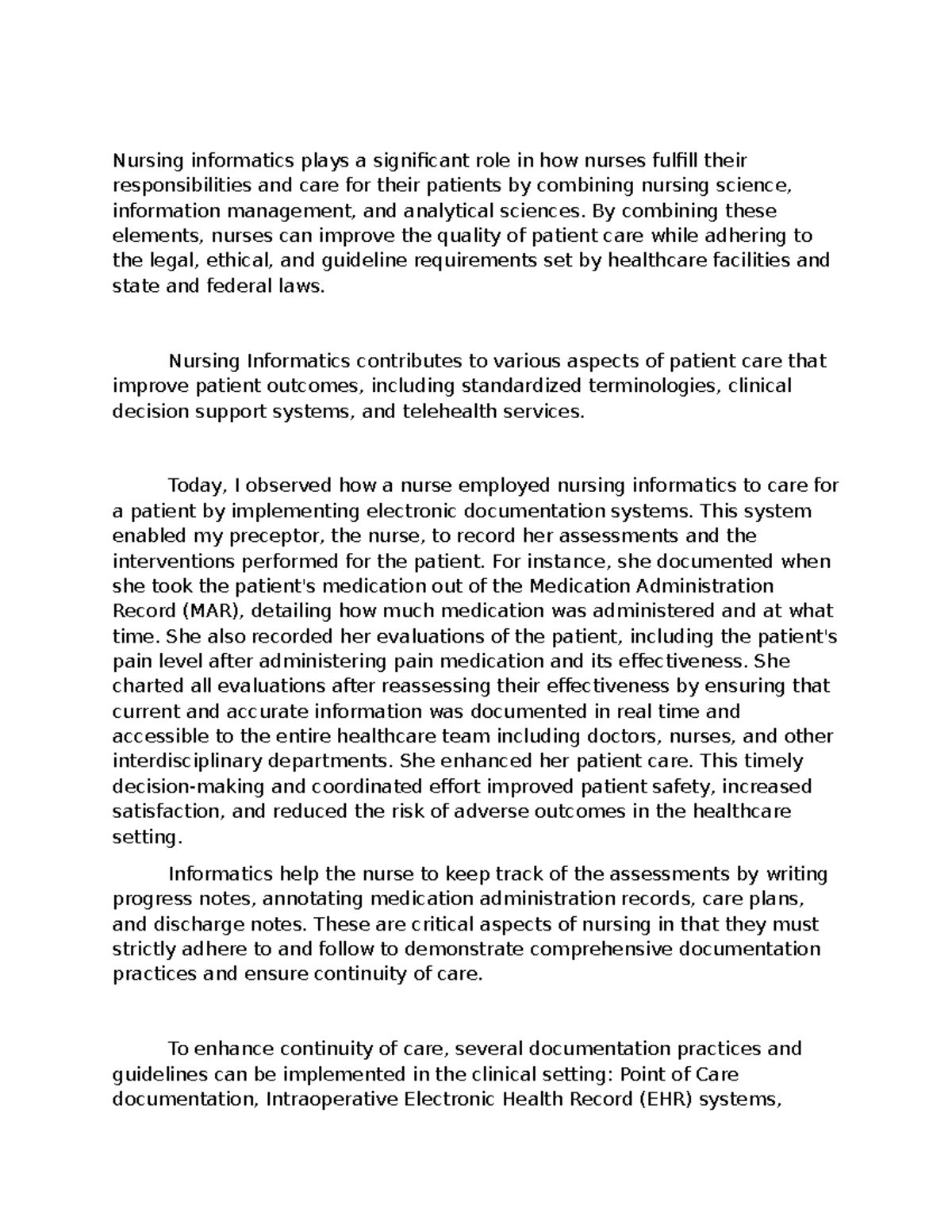 Nursing Informatics Reflection: Enhancing Patient Care & Safety - Studocu