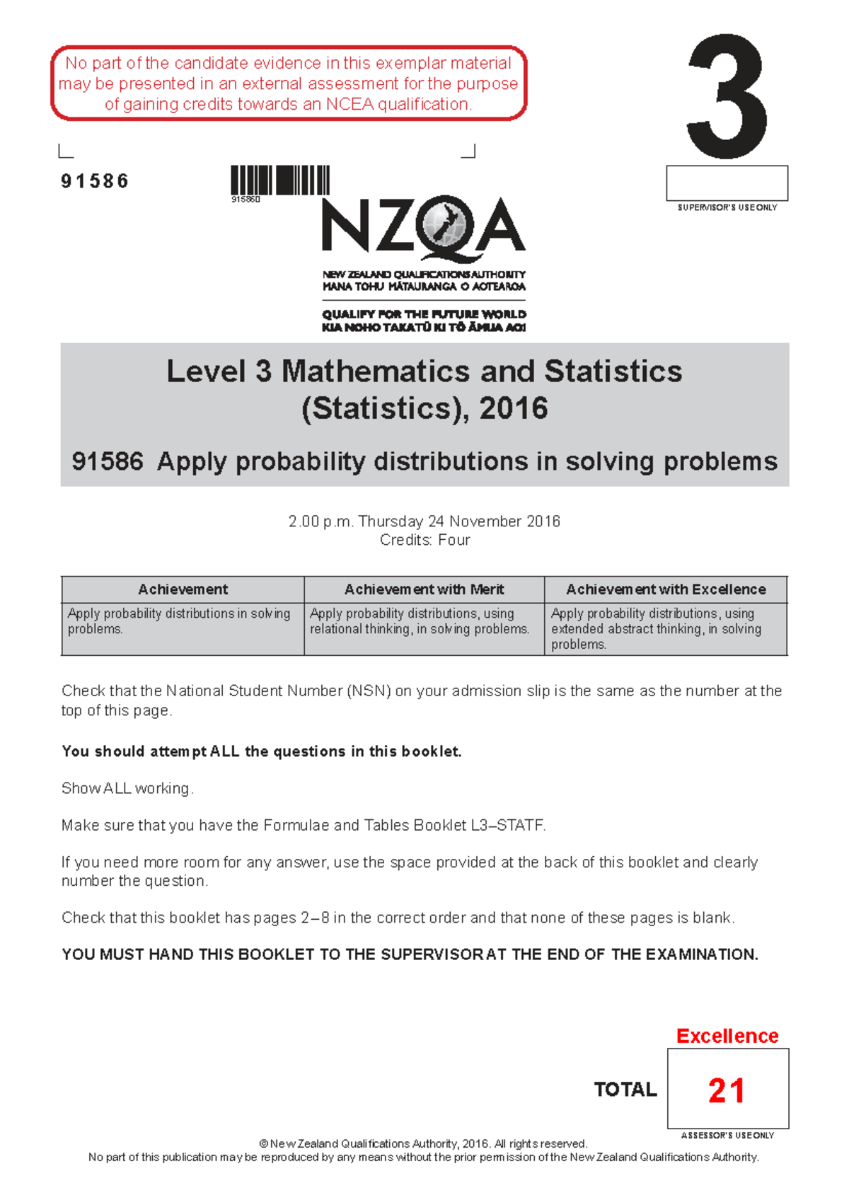 91586 Level 3 Maths & Stats Exemplar: Excellence 2016 - Studocu