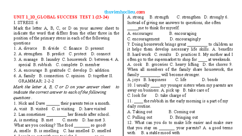 Thuvienhoclieu.com - Unit 1-10 Global Success Test Review for English ...