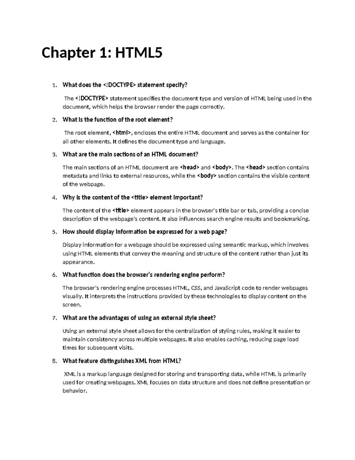 Test Questions , Chapter 1 to 12 - Chapter 1: HTML 1. What does the ...
