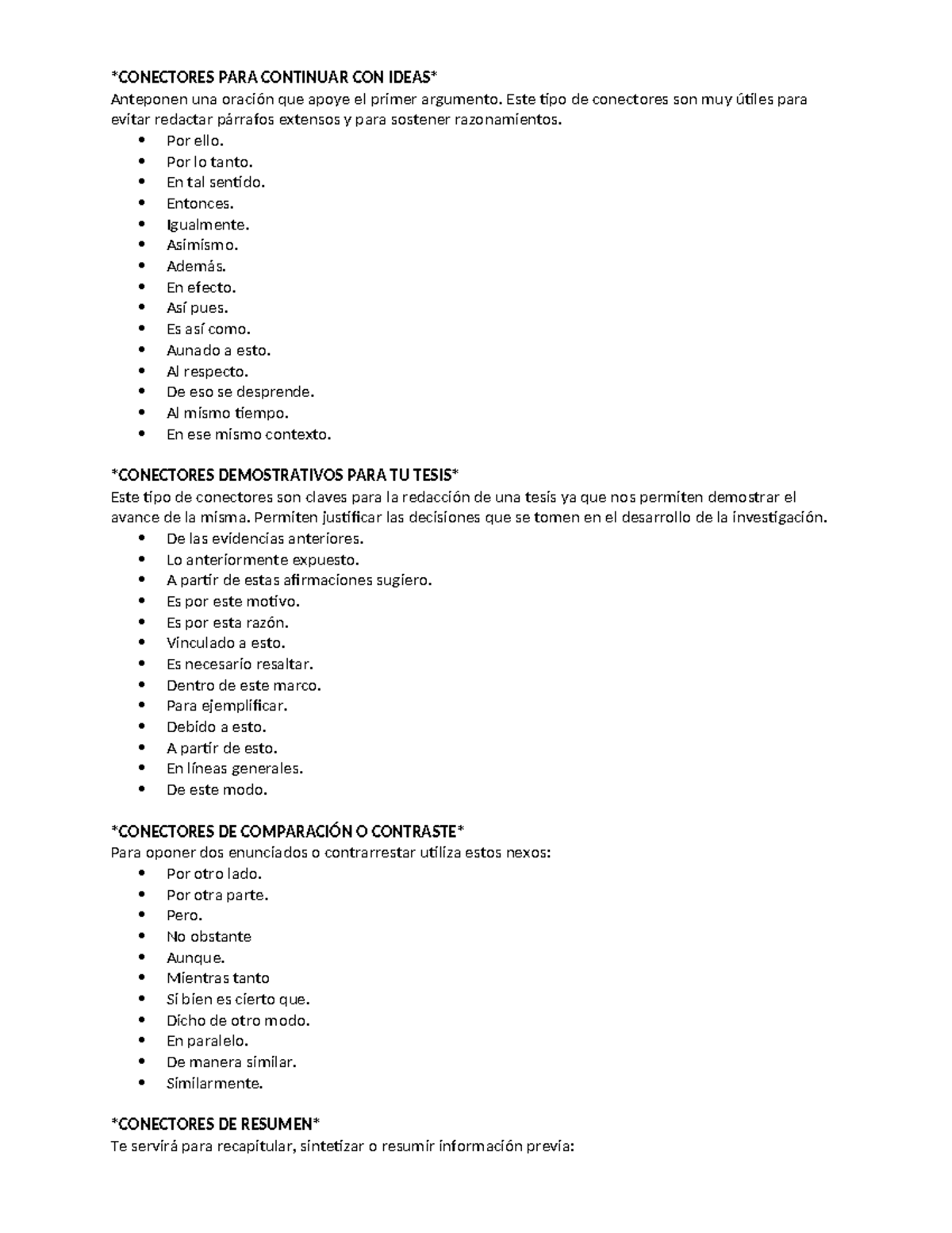 Conectores Útiles para Redacción: Tesis y Ensayos - Studocu