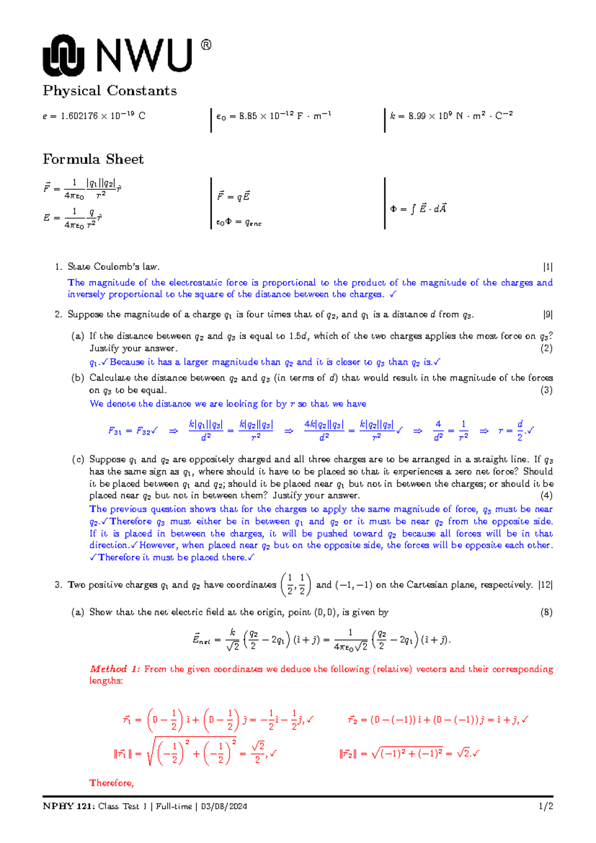 NPHY 121: Class Test 1 - Physical Constants and Electrostatics - Studocu