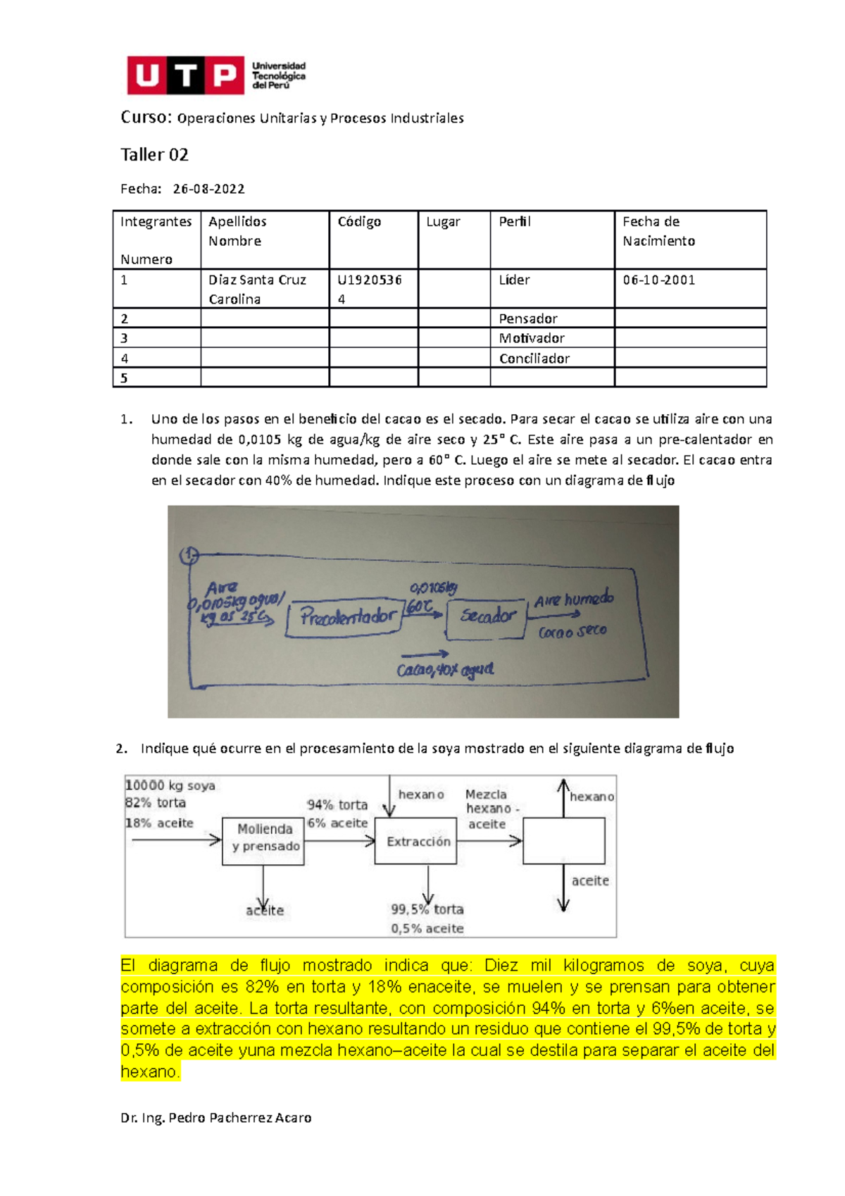 Taller 2 - VEAN - Curso: Operaciones Unitarias y Procesos Industriales ...