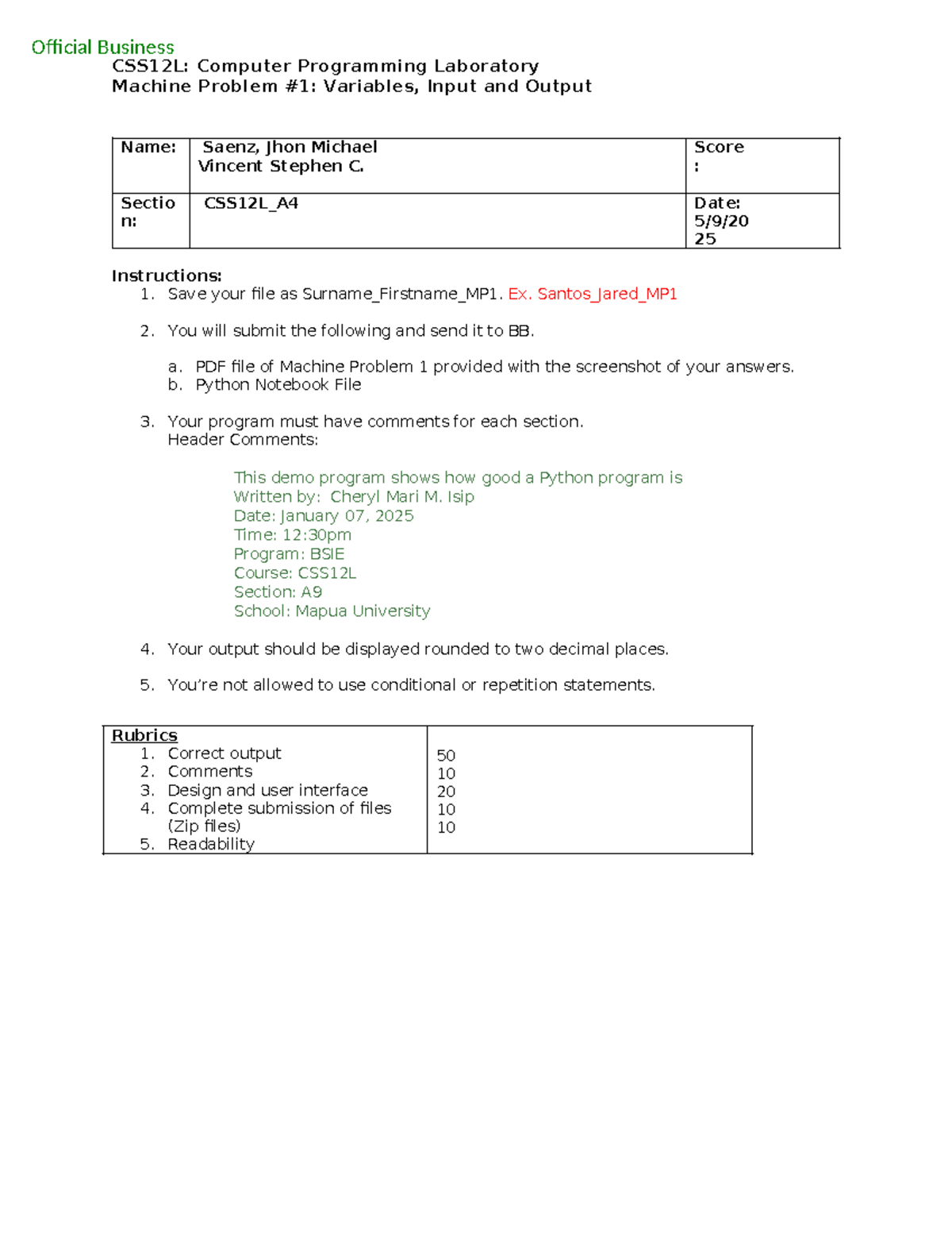 CSS12L: Computer Programming Lab MP1 - Variables, Input & Output Guide ...