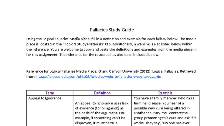 PHI-105 Fallacy Study Guide for Quiz Preparation - Studocu