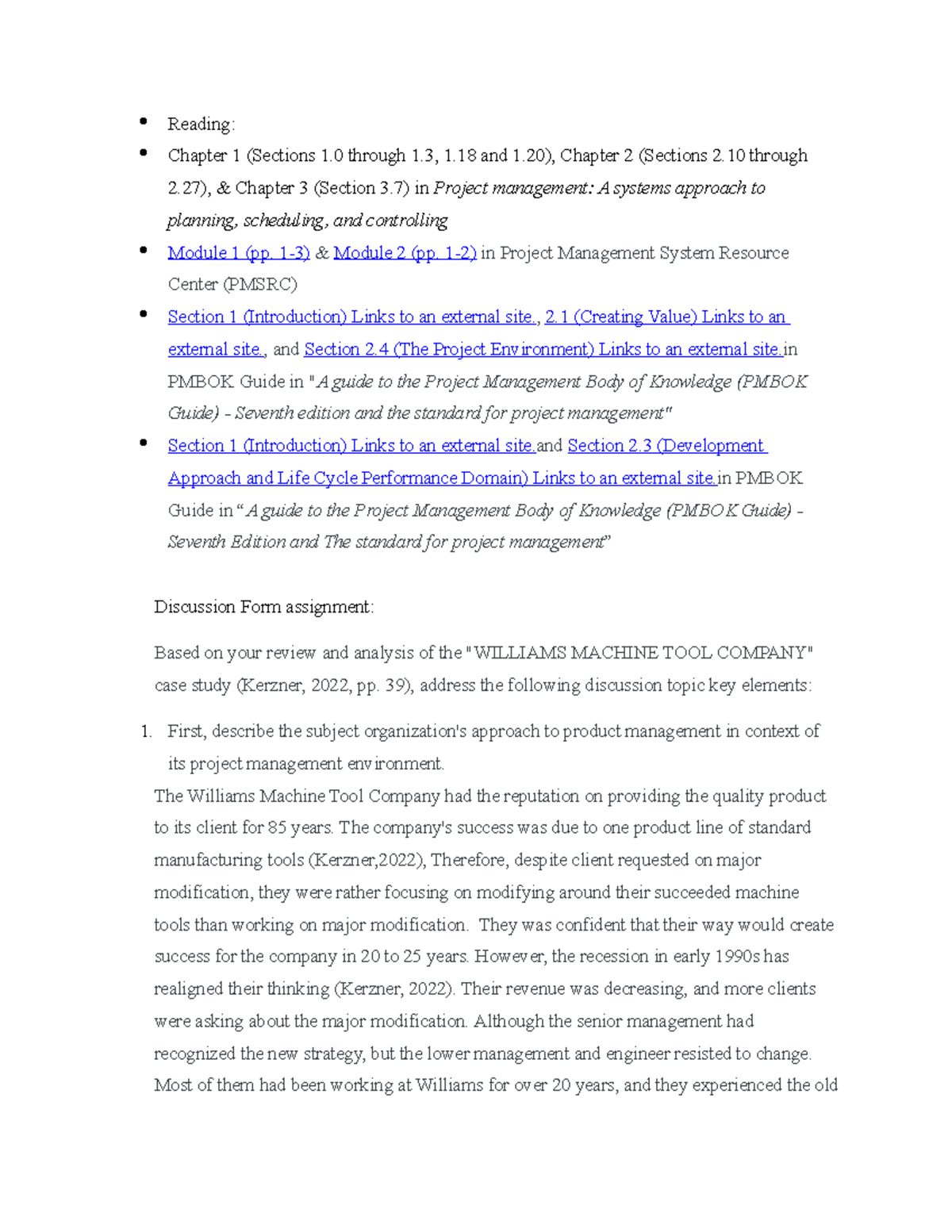 W1: Discussion on Williams Machine Tool Co. Project Management Issues - Studocu