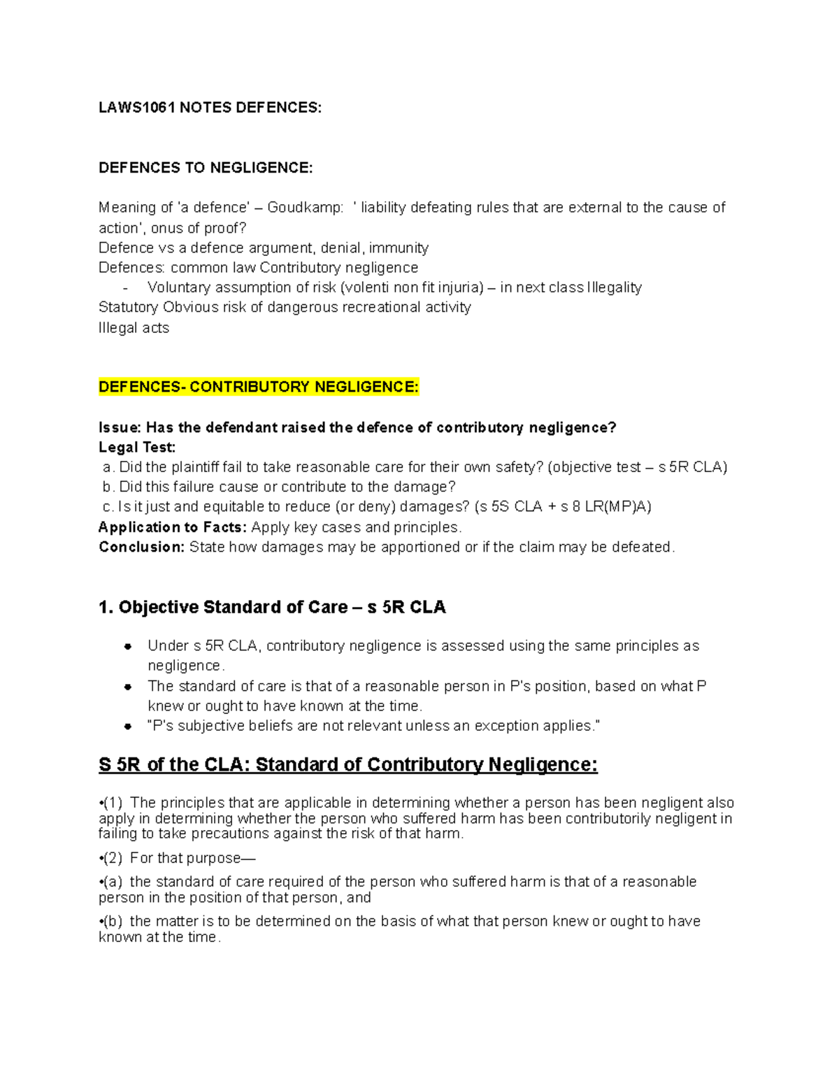 LAWS1061 Final Exam Notes: Defences to Negligence Explained - Studocu
