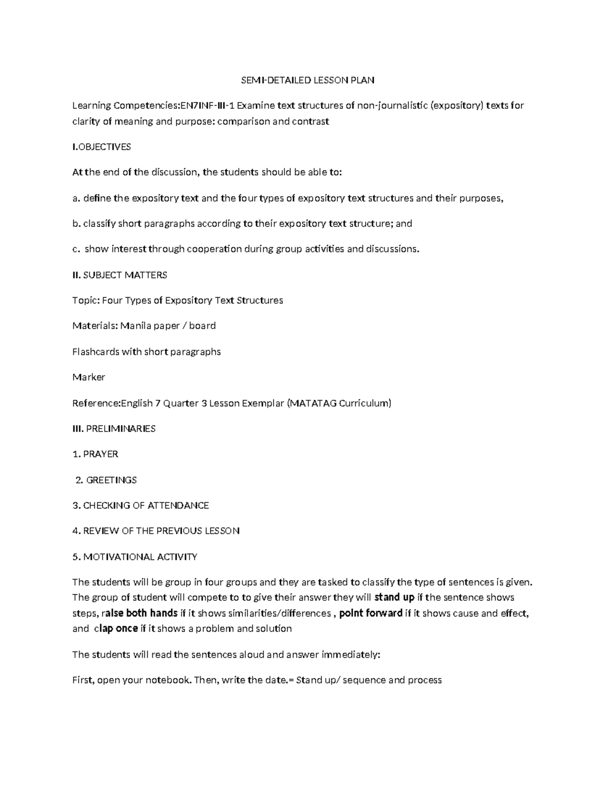 SEMI-DETAILED LESSON PLAN: Expository Text Structures (ENG 7) - Studocu