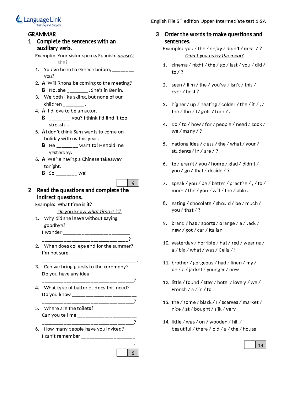 Upper Intermediate English Test 1-2A: Grammar, Vocabulary, Reading ...