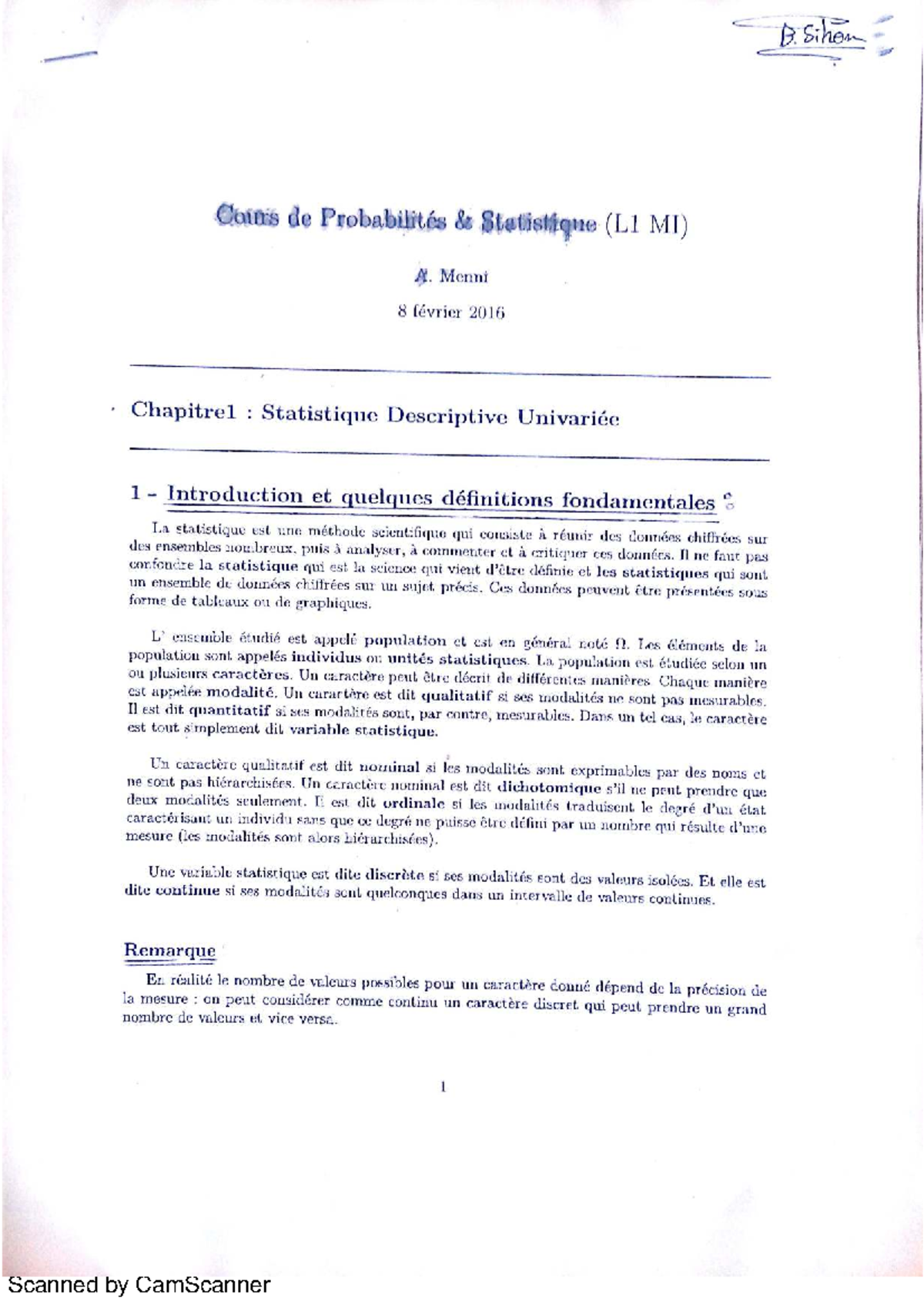 Cours de Probabilités et Statistique (L1 MI) : Chapitre 1 - Statistique ...