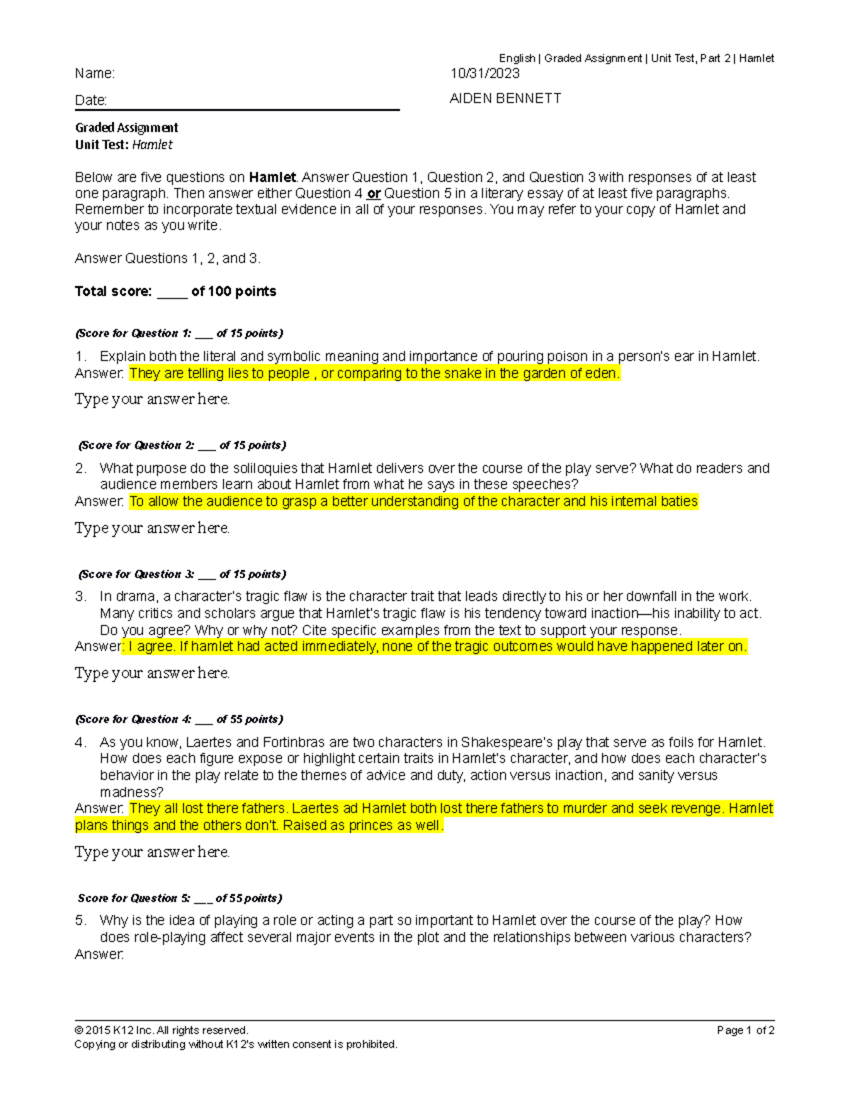 ENG 101 | Graded Assignment | Hamlet Unit Test, Part 2 - Studocu