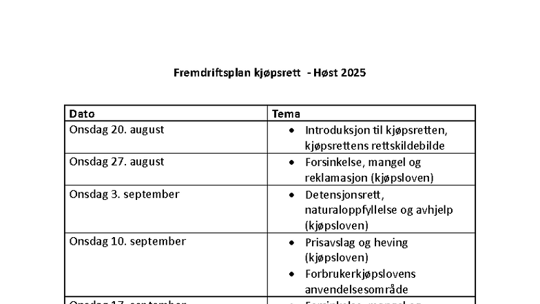 Fremdriftsplan kjøpsrett - august • Introduksjon til kjøpsretten ...