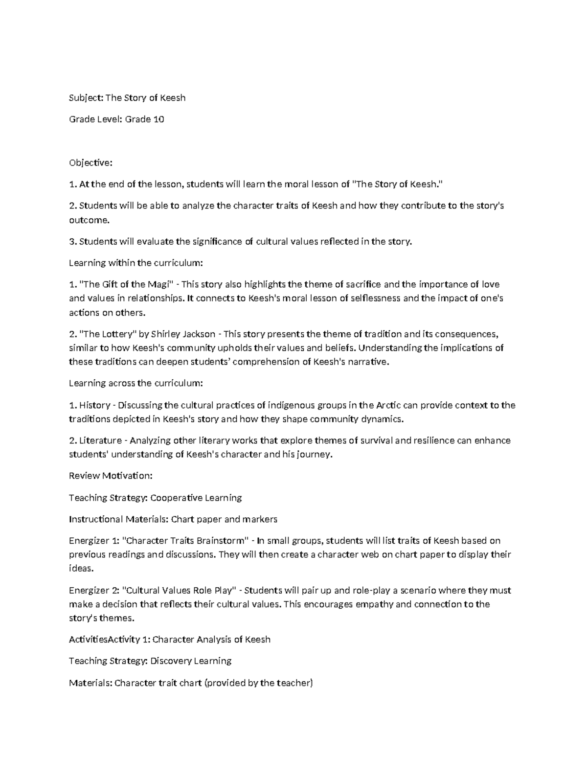 The story of keesh - FOR MY LESSON - Subject: The Story of Keesh Grade ...