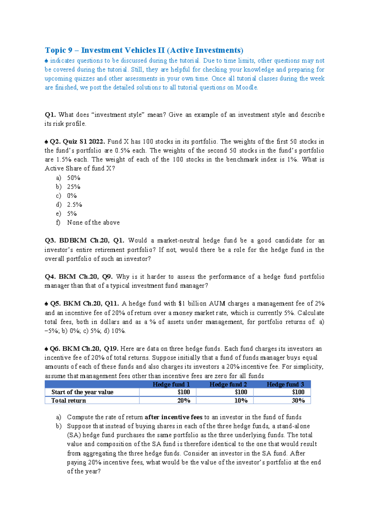 Tute 9 Qs - Week 9 Investment Vehicles II (Active Investments) - Studocu