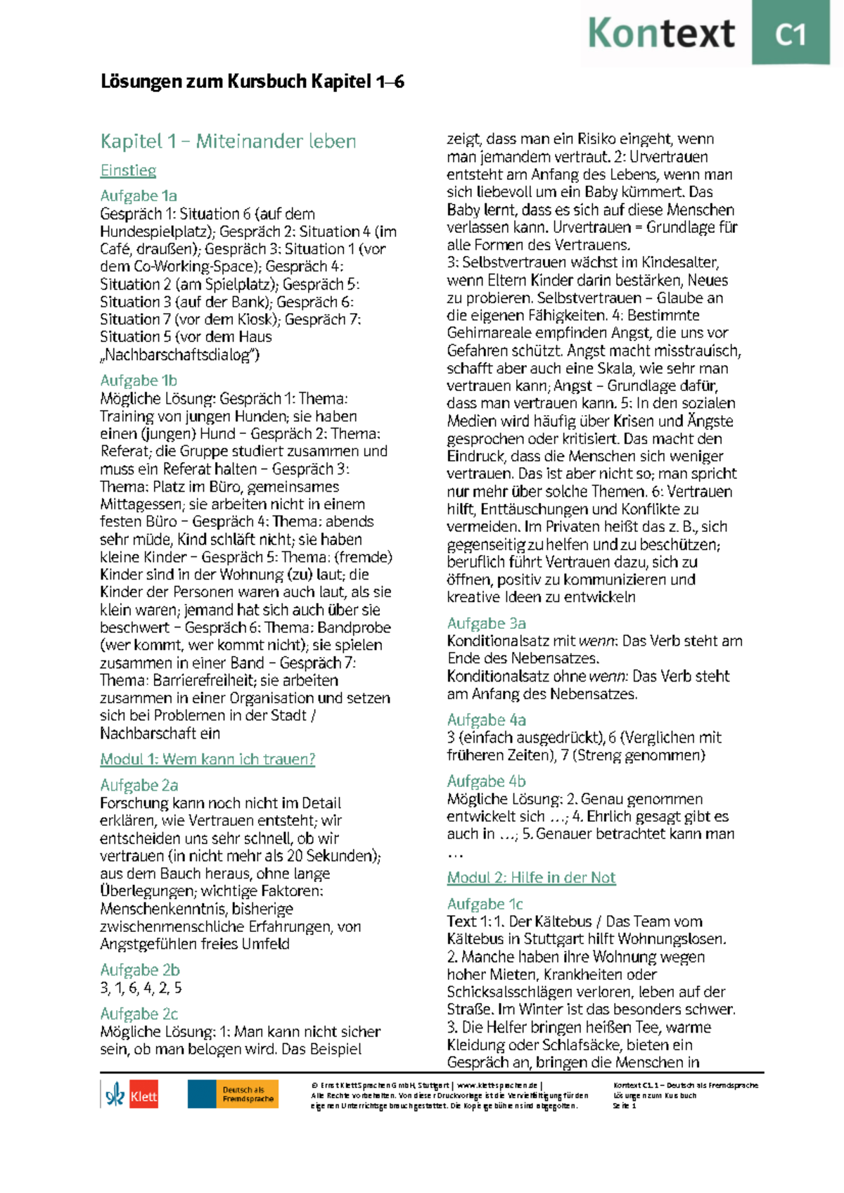 Kontext C1: Lösungen zum Kursbuch für Deutsch als Fremdsprache - Studocu