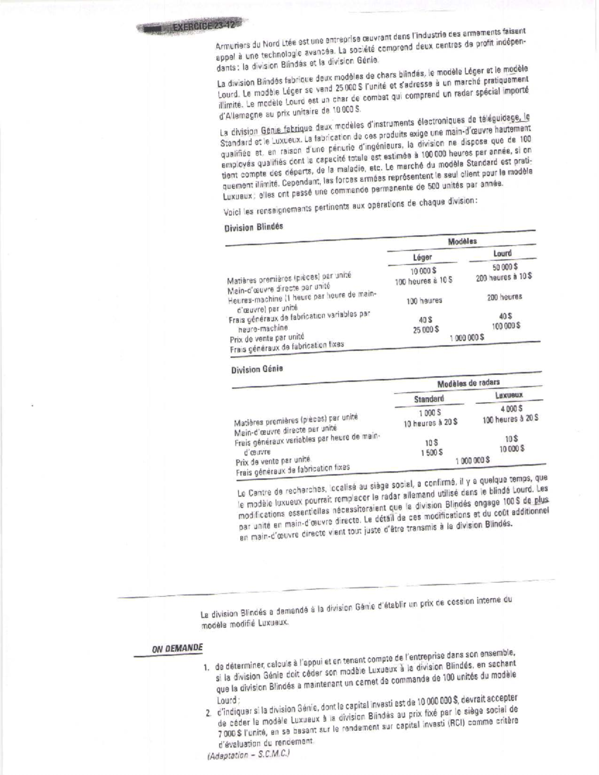 Cas 4 - Exercice 23-12 - Division Blindés et Modèles de Prix - Studocu