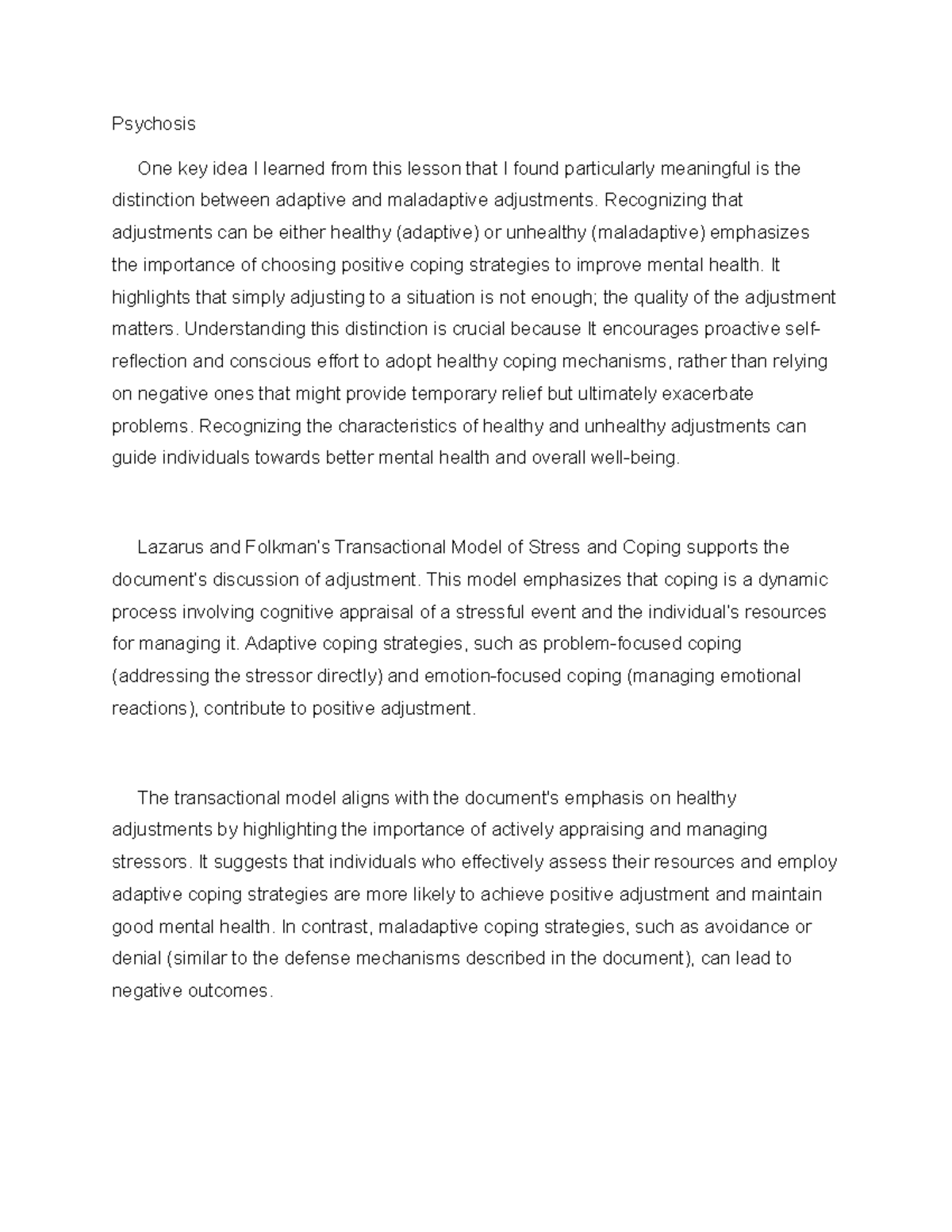 Psychosis 3 - Understanding Adaptive vs. Maladaptive Adjustments - Studocu