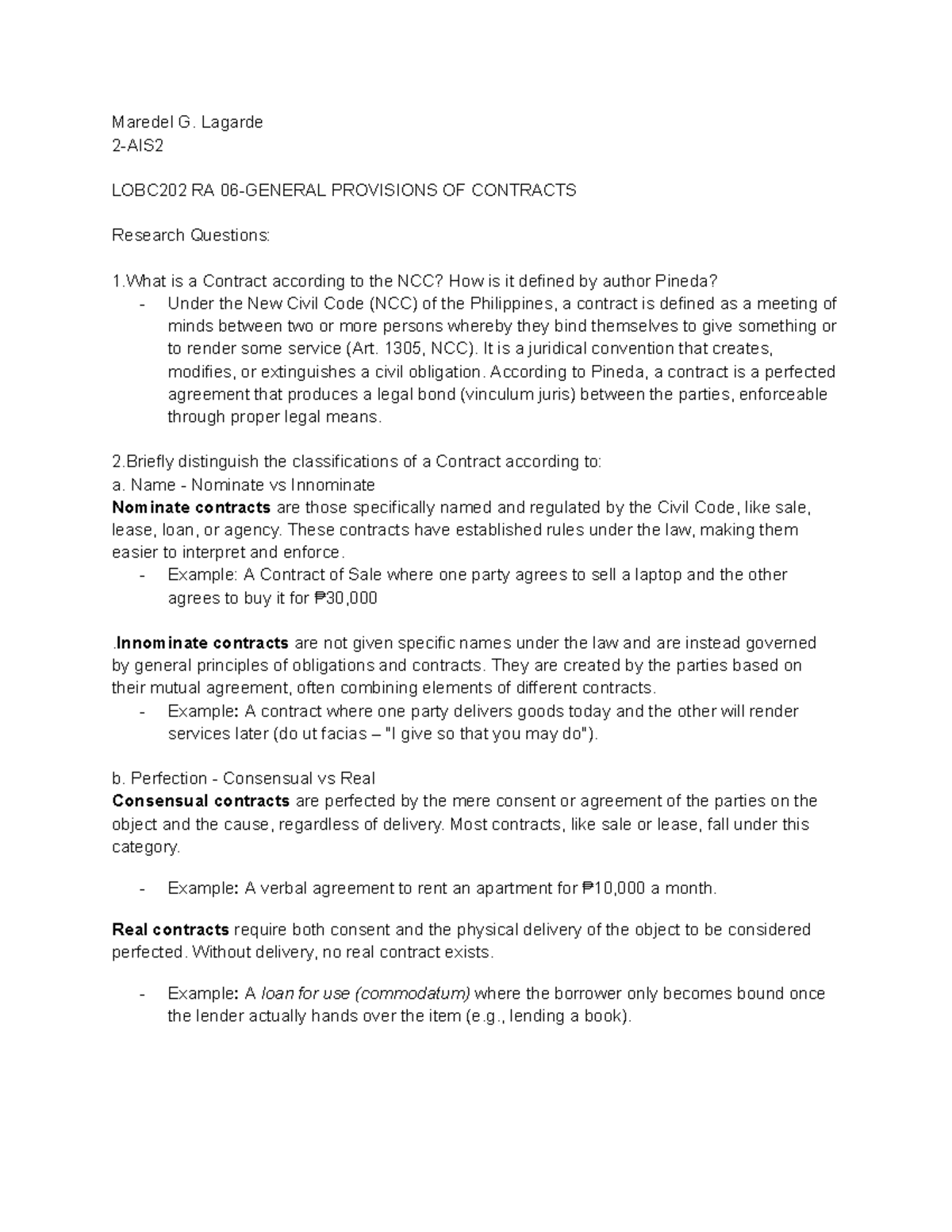 LOBC202 RA 06 - General Provisions of Contracts: Key Concepts and ...